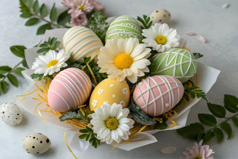 Easter Eggs with Daisies in Bowl Stock Photo - Image of greenery ...