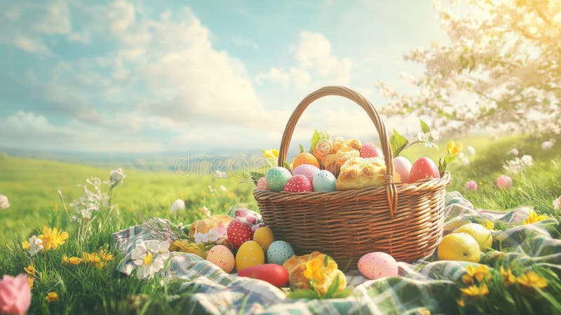 Easter Eggs and Pastries in Picnic Basket, Serene Meadow Celebration ...