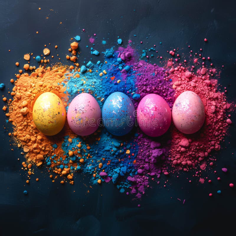 Easter Eggs in Powder of Different Colors on a Dark Background, Top ...