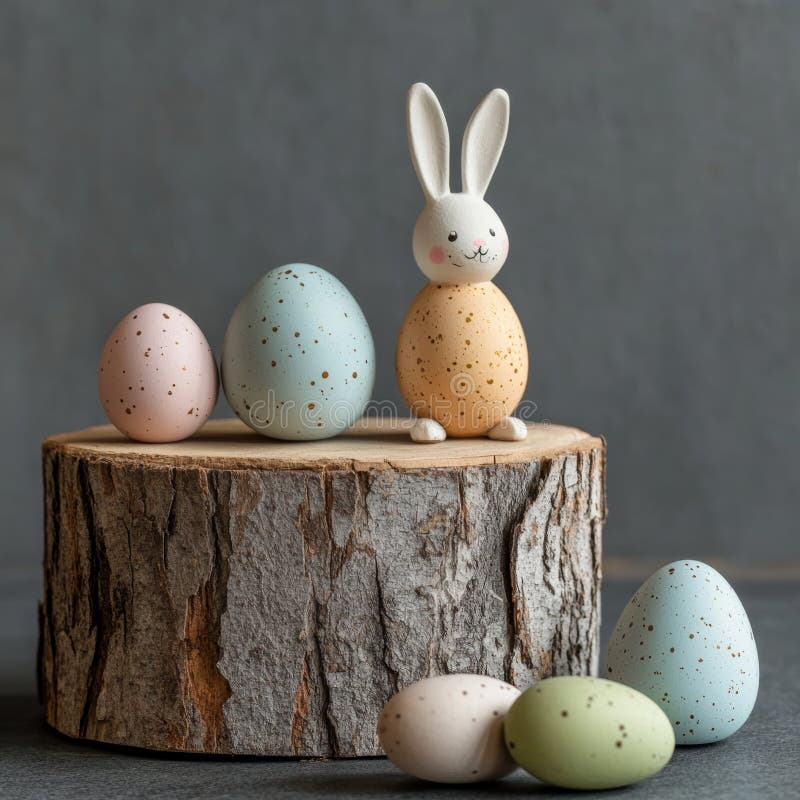 Easter Eggs and Rabbit on a Tree Stump with Gray Background. Stock ...