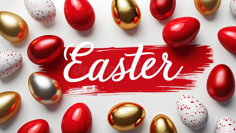 Easter Eggs, Red Brushstroke with "Easter" Writing and Gold Details ...