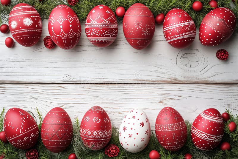 Easter Eggs with a Red and White Pattern on a White Wooden Background ...