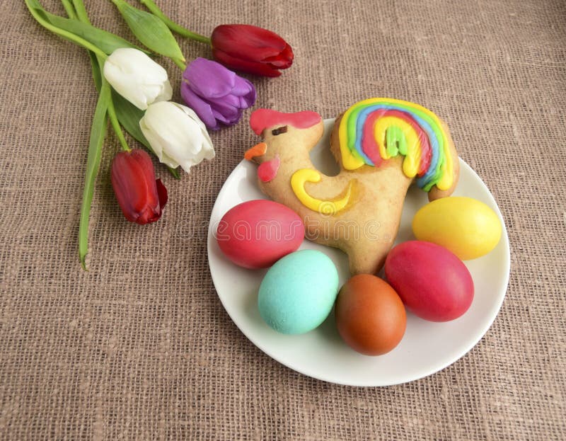 Easter eggs and rooster stock image. Image of form, bright - 88342383