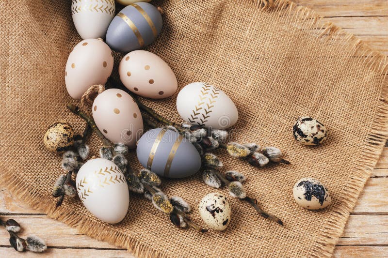 Easter Eggs on the Sackcloth with Willow Twigs. Easter Festive ...