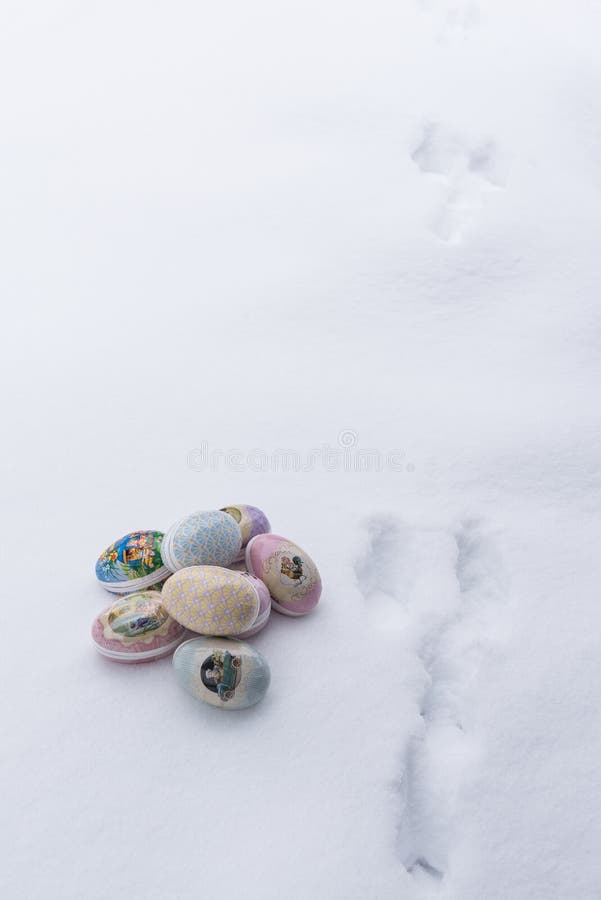 Easter eggs in the snow stock photo. Image of next, white - 111514388