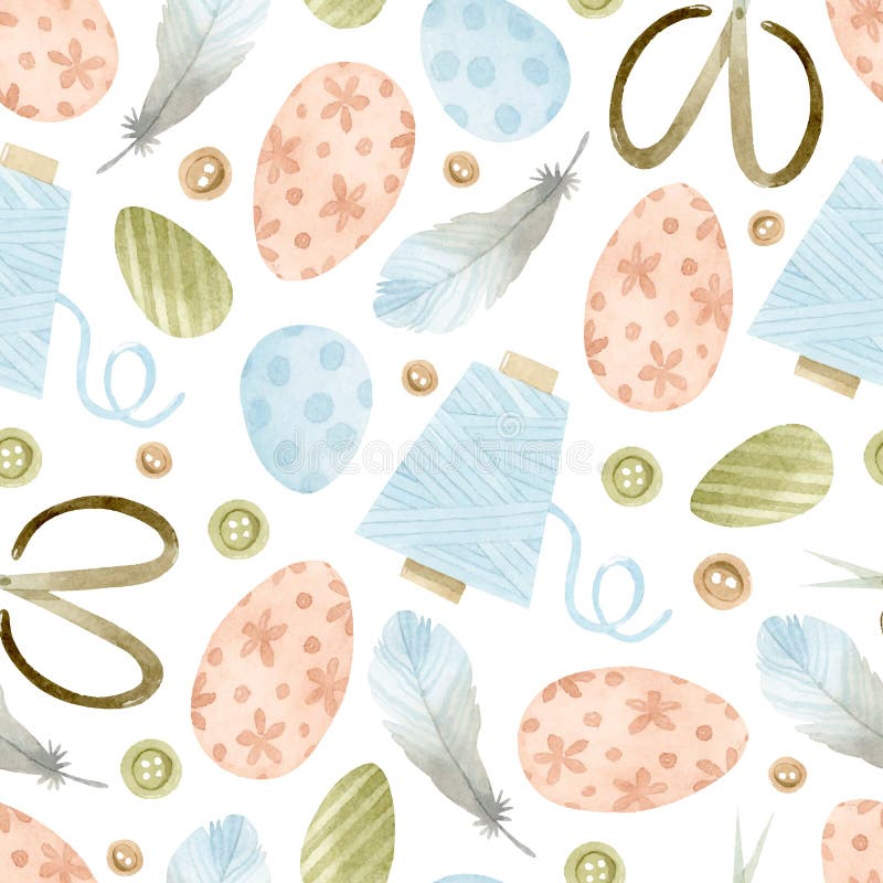 Easter Eggs, Spool of Blue Thread, Scissors, Feathers and Buttons ...