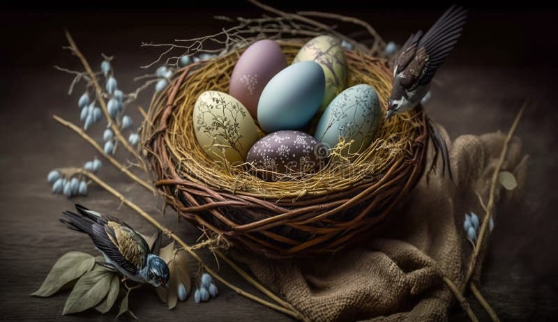 Easter Eggs with Spring Flowers in a Basket with Birds Figures Stock ...