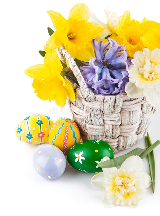 Easter Eggs with Spring Flowers in Basket Stock Image - Image of ...