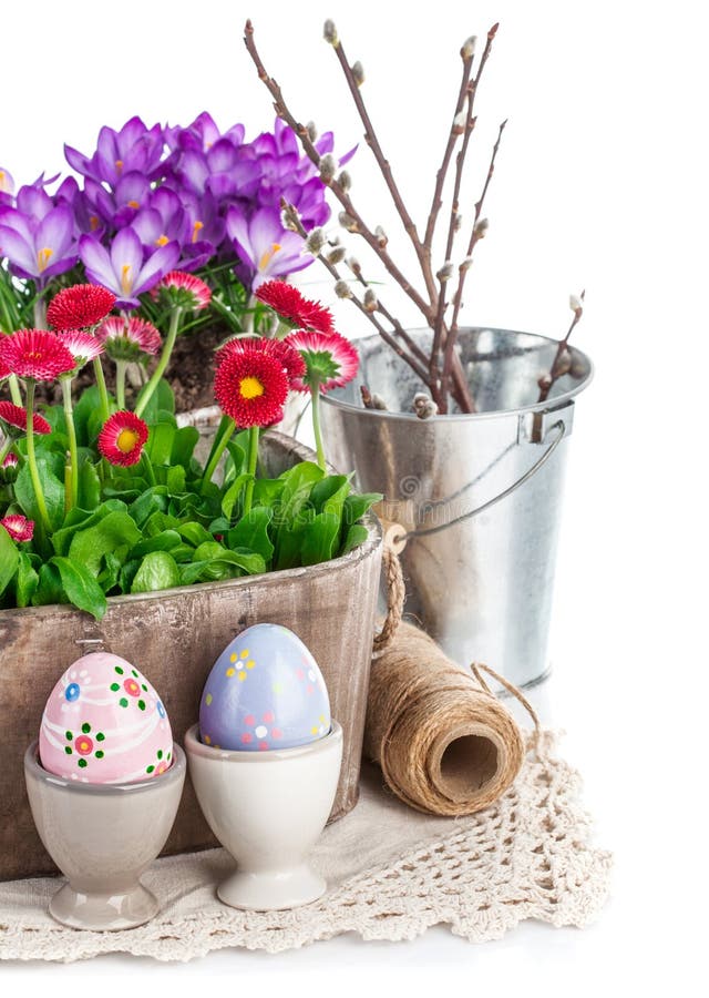 Easter Eggs with Spring Flowers in Basket Stock Image - Image of ...