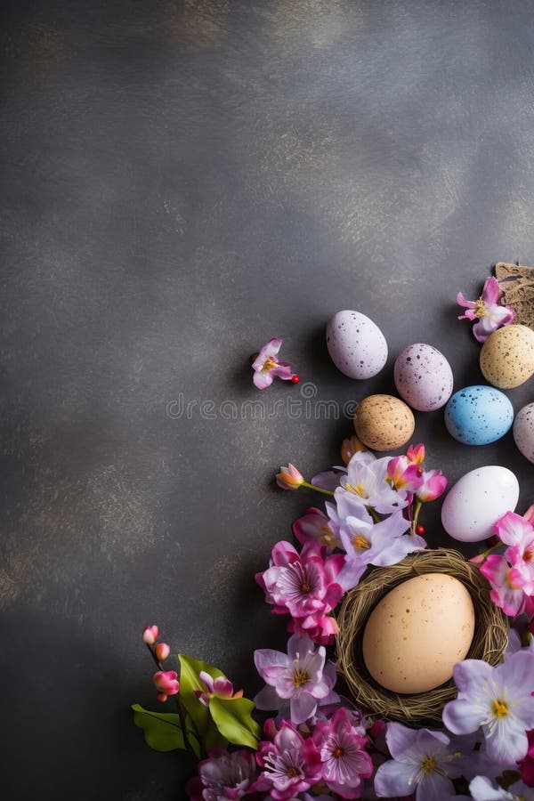 Easter Eggs and Spring Flowers on Dark Background. Top View with Copy ...