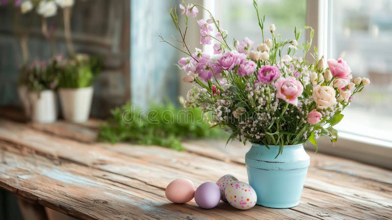 Easter Eggs and Spring Flowers Decorating Rustic Window Sill Stock ...