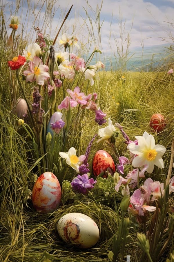 Easter Eggs and Spring Flowers on a Grassy Field Stock Illustration ...