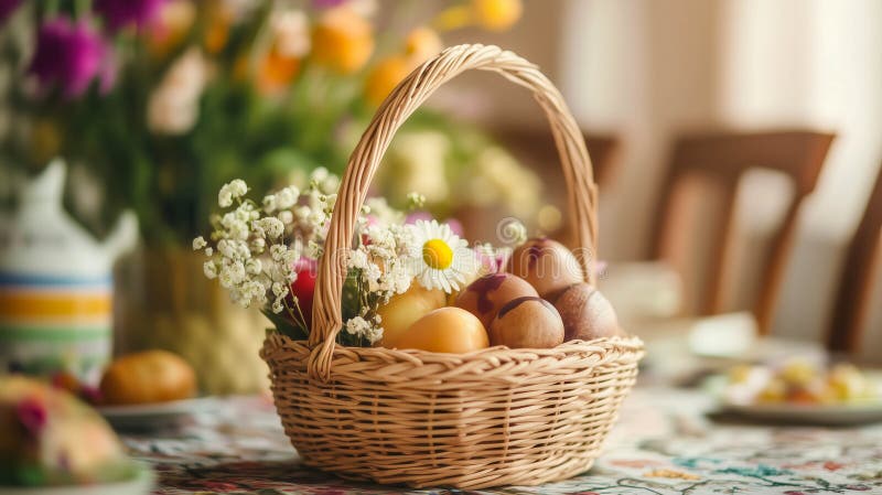 Wicker Basket Overflowing with Easter Eggs and Spring Flowers Stock ...