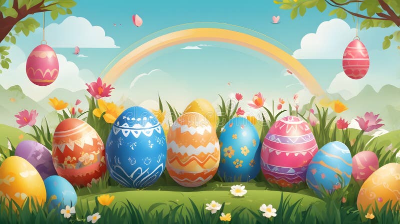 Easter Eggs in a Spring Meadow with a Rainbow, Colorful Easter Eggs and Flowers Under a Rainbow ...