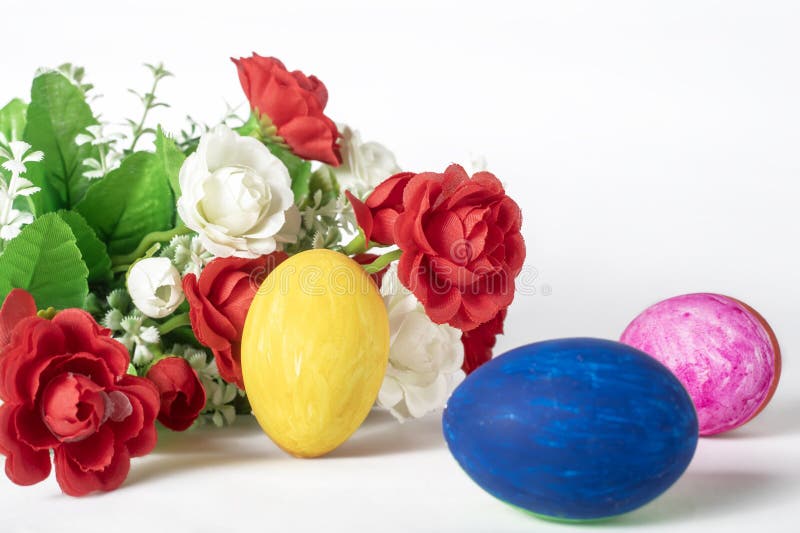 Easter Eggs and Spring Rose Flowers on White Background Stock Image ...