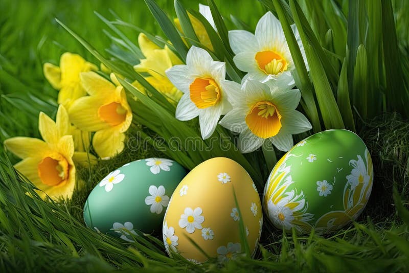 Easter Eggs and Spring Yellow Flowers. Generative AI Stock Illustration ...