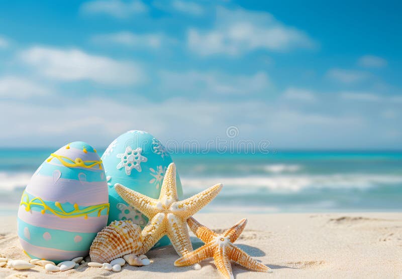 Easter Eggs & Starfish on Sandy Beach Stock Illustration - Illustration ...