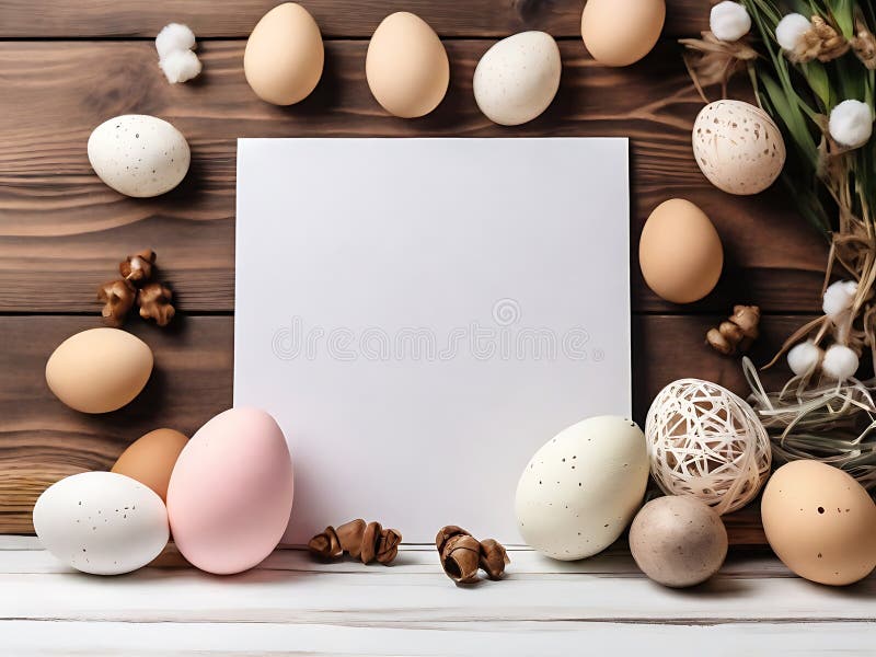 Easter Eggs Surround Blank Paper Note on Wooden Surface Stock ...