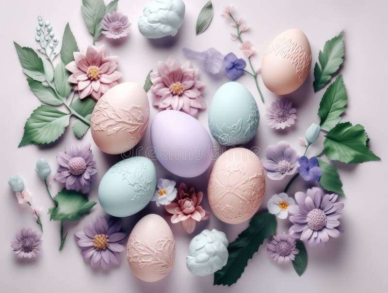 Easter Eggs with Sweets and Flowers. Happy Easter Concept Stock ...