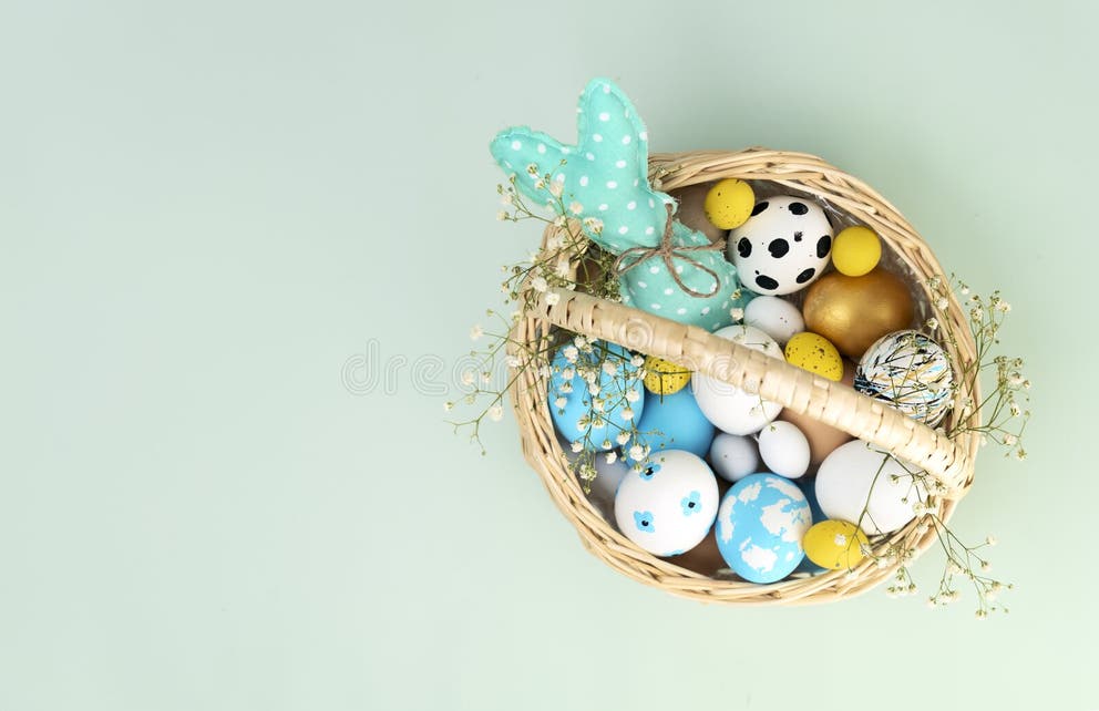 Easter Eggs Top View on Green Background Empty Copy Space,egg in Basket Stock Photo - Image of ...