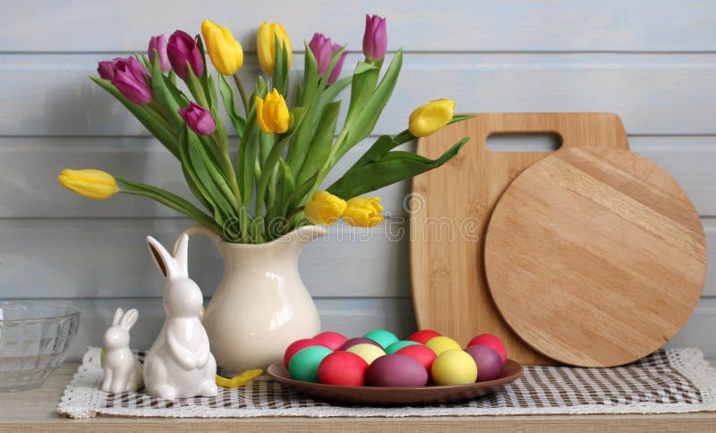 Easter Eggs, Tulips, and Ceramic Bunnies Creating a Festive Spring ...