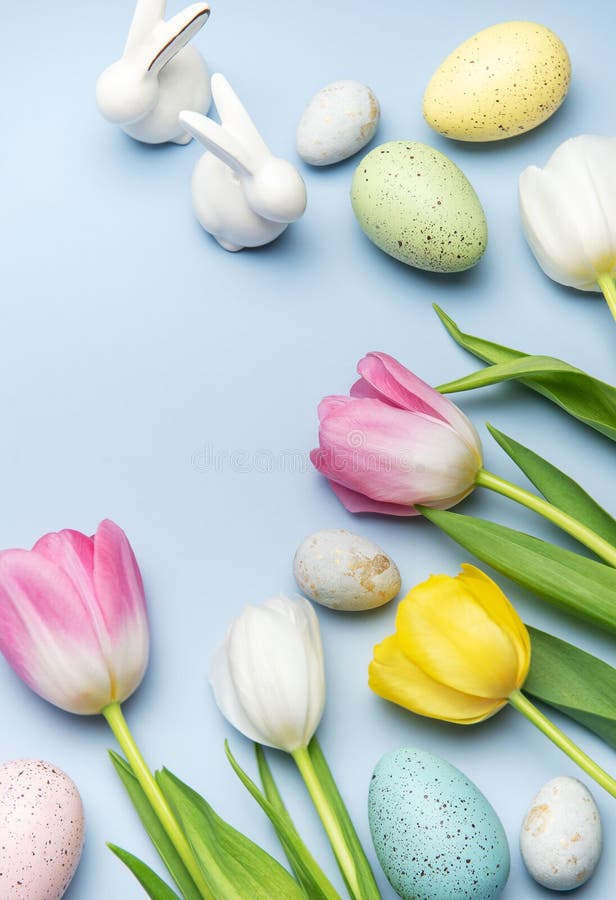 Easter Eggs Tulips Creating Festive Border Light Blue Background Stock ...