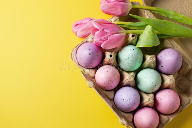 Easter Eggs and Tulips Creating a Spring Feeling on Pastel Green ...