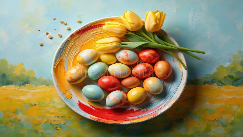 Easter Eggs and Tulips Creating a Spring Feeling on Pastel Green ...