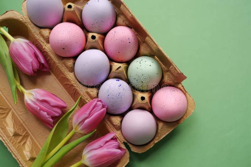 Easter Eggs and Tulips Creating a Spring Feeling on Pastel Green ...