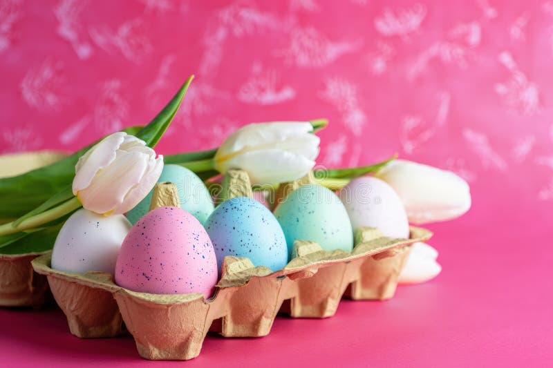 Easter Eggs and Tulips Creating a Spring Feeling on Pastel Green ...