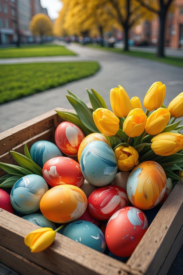 Easter Eggs and Tulips Creating a Spring Feeling on Pastel Green ...