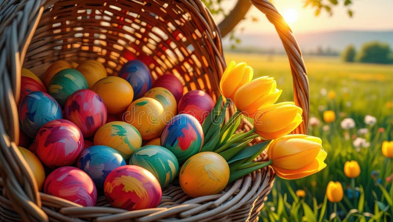 Easter Eggs and Tulips Creating a Spring Feeling on Pastel Green ...