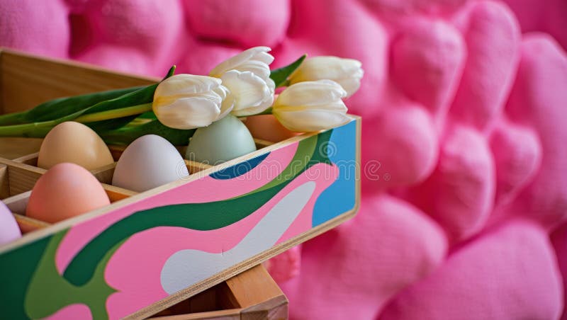 Easter Eggs and Tulips Creating a Spring Feeling on Pastel Green ...