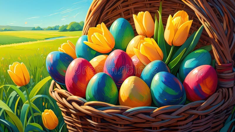 Easter Eggs and Tulips Creating a Spring Feeling on Pastel Green ...