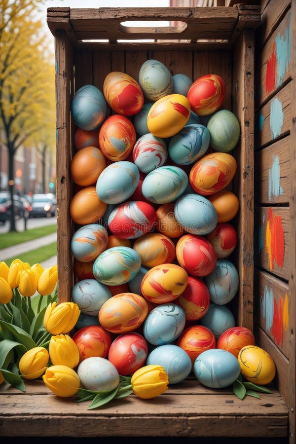 Easter Eggs and Tulips Creating a Spring Feeling on Pastel Green ...