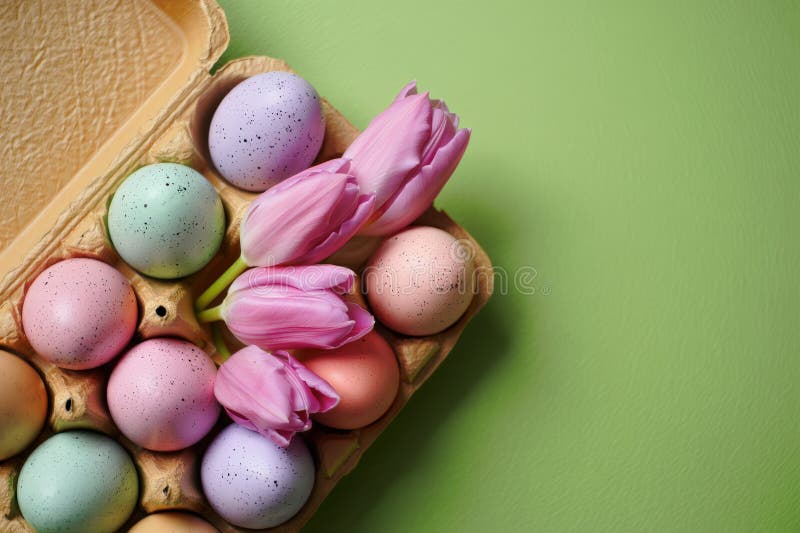 Easter Eggs and Tulips Creating a Spring Feeling on Pastel Green ...