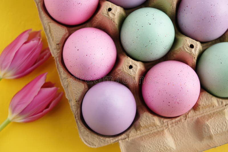 Easter Eggs and Tulips Creating a Spring Feeling on Pastel Green ...
