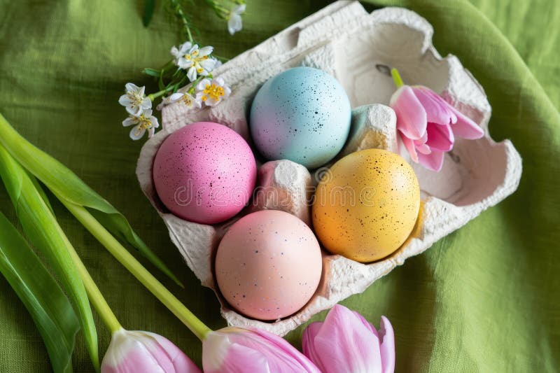 Easter Eggs and Tulips Creating a Spring Feeling on Pastel Green ...