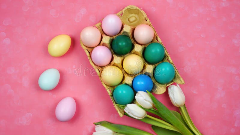 Easter Eggs and Tulips Creating a Spring Feeling on Pastel Green ...