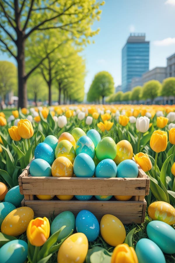 Easter Eggs and Tulips Creating a Spring Feeling on Pastel Green ...