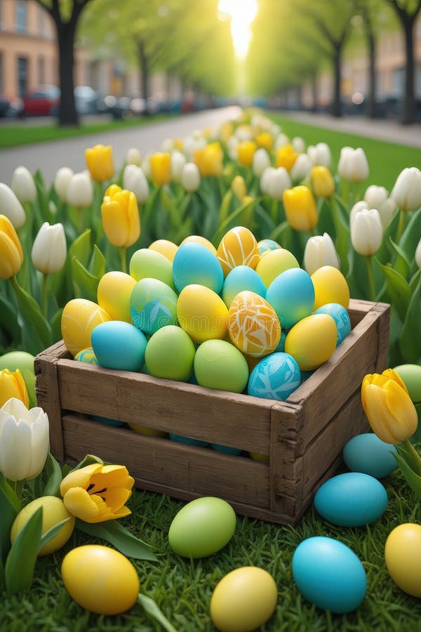 Easter Eggs and Tulips Creating a Spring Feeling on Pastel Green ...