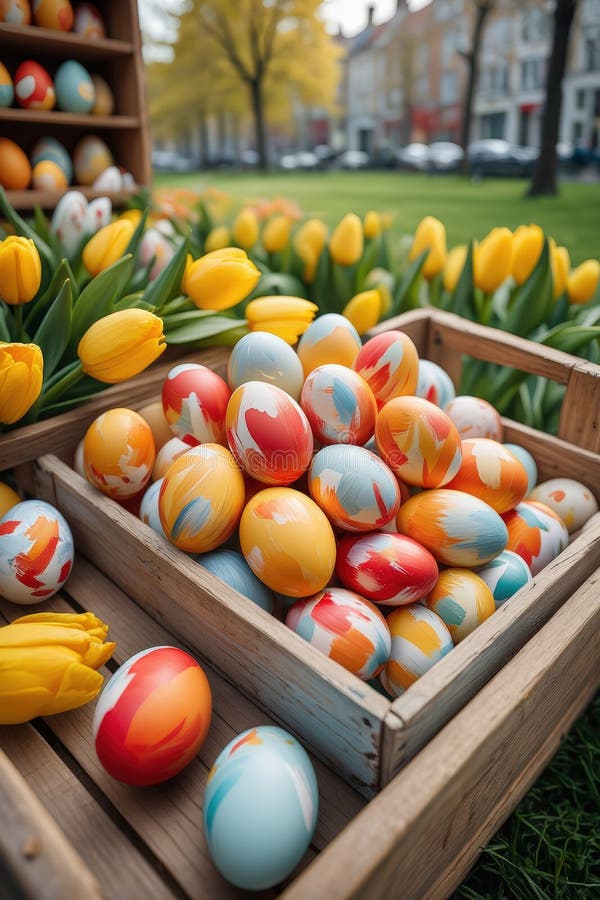 Easter Eggs and Tulips Creating a Spring Feeling on Pastel Green ...