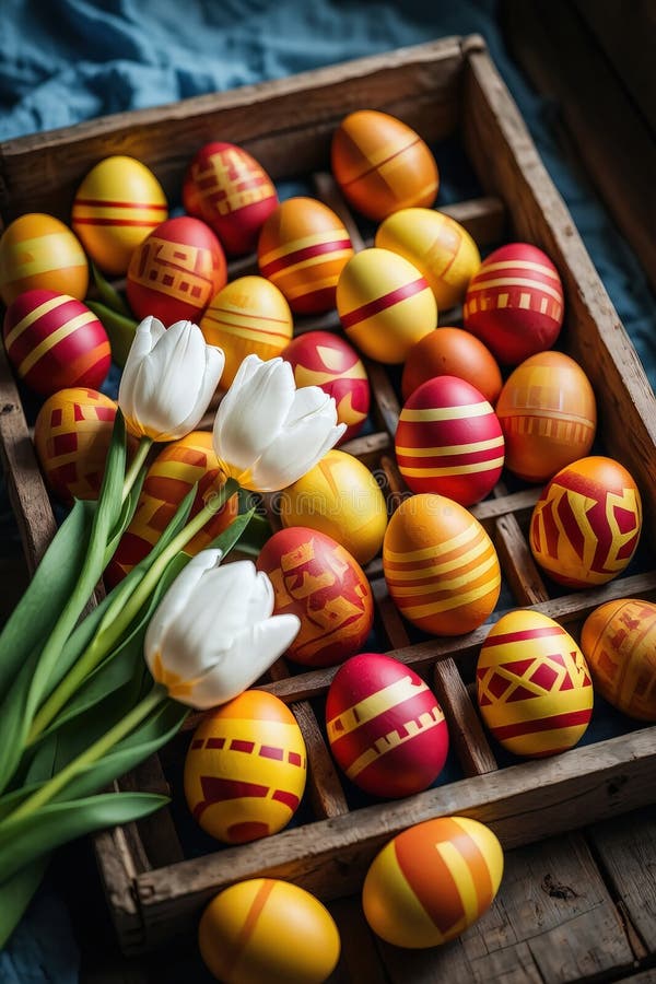 Easter Eggs and Tulips Creating a Spring Feeling on Pastel Green ...