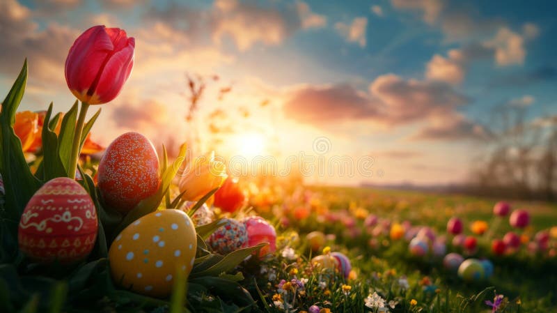 Easter Eggs and Tulips at Sunset in Springtime Field Stock Illustration ...