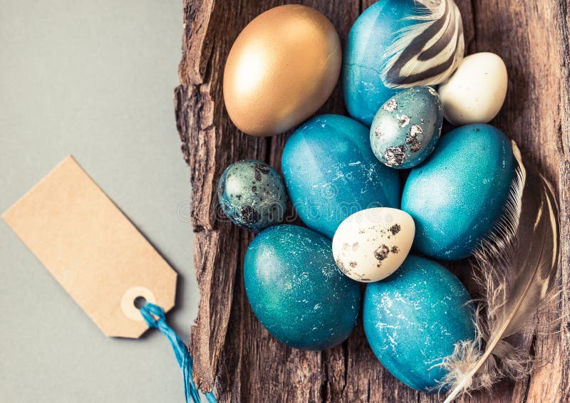 Easter Eggs Turquoise and Gold on Rustic Wood Background Text Space ...