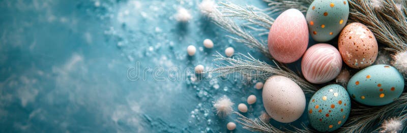 Easter Eggs of Various Colors are Positioned on a Pale Blue Surface ...