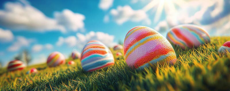 Easter Eggs of Vibrant Colors are Situated on the Green Grass ...