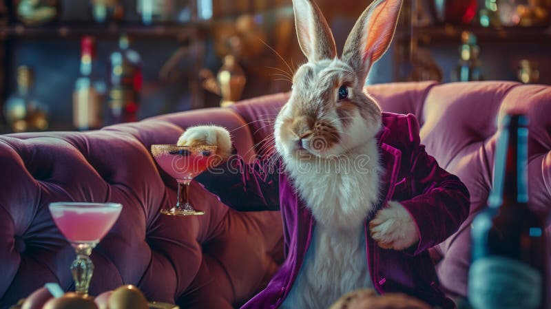 Elegant Rabbit in Purple Velvet Jacket Enjoying Pink Cocktail ...
