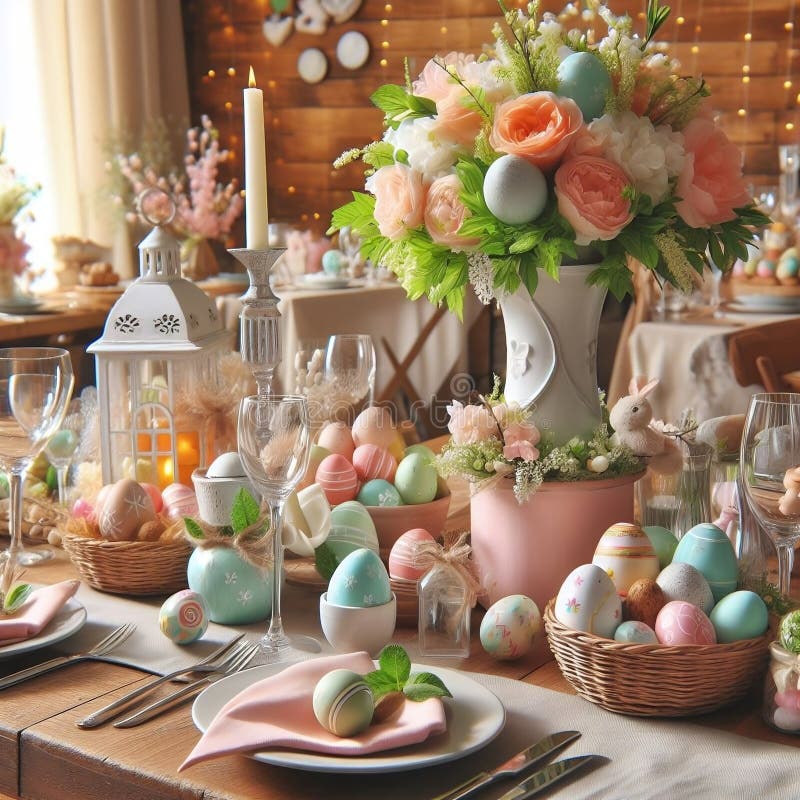 Easter Elegance Decorated Table with Colourful Eggs in Restaurant Stock ...
