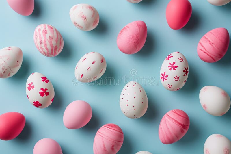 Easter Elegance: Pink and White Egg Pattern on Pastel Blue Background ...